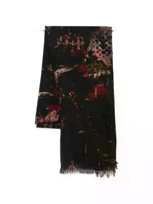 YAVI Fringed Print Scarf - Black