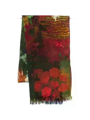 YAVI Floral-print Frayed Scarf - Red