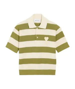 AMI Paris De Coeur Striped Polo Top - Neutrals