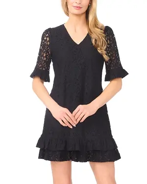 CECE DUPRAZ Lace V Neck Shift Dress - Rich Black