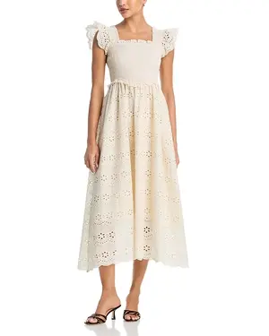 Aqua Eyelet Smocked Midi Dress - Ivory