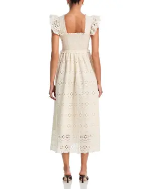 Aqua Eyelet Smocked Midi Dress