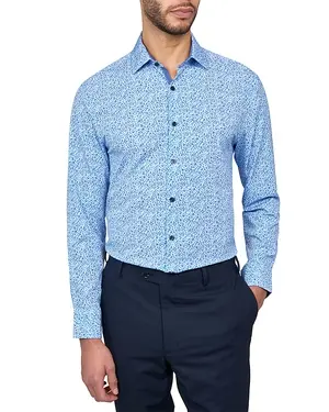 WRK Slim Fit Floral Performance Dress Shirt - White/ Blue