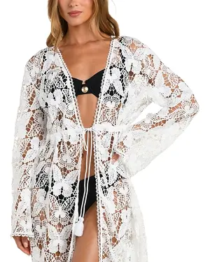 L'Agence Butterfly Crocheted Cover Up Robe - White