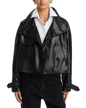 Aqua Faux Leather Cropped Trench Coat - Black