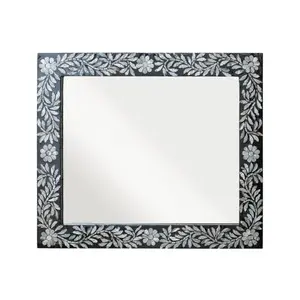 STORIED HOME Framed Wall Mirror With Inlaid Design - Black