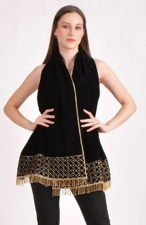 RAAS Hand Embroidered Velvet Scarf - Black