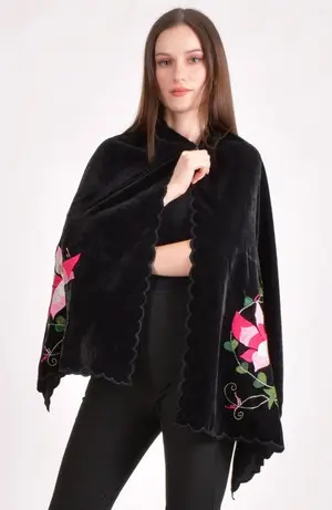 RAAS Hand Embroidered Velvet Scarf - Jet Black