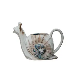 STORIED HOME Snail Shaped Stoneware Watering Can - White