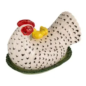 STORIED HOME Vintage Reproduction Hen Shaped Butter Dish With Chicks - White