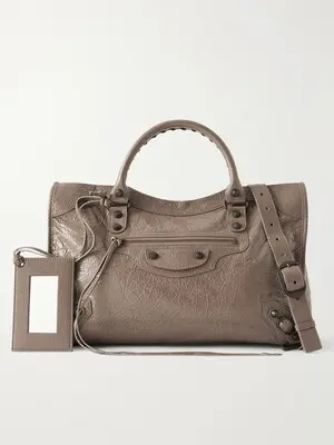 Balenciaga Le City Crinkled-Leather Shoulder Bag Gray