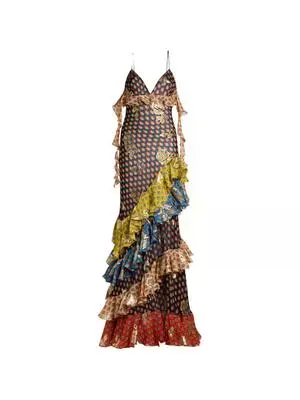Etro Long Silk Dress With Fil Coupé Roses And Tie-inspired Motif