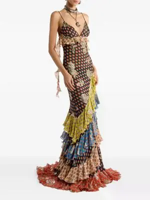 Etro Long Silk Dress With Fil Coupé Roses And Tie-inspired Motif