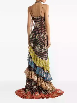 Etro Long Silk Dress With Fil Coupé Roses And Tie-inspired Motif