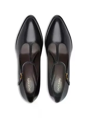 POTAMY T-strap Leather Pointed Toe High Heel Pumps