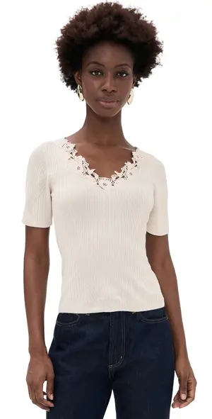 ULLA JOHNSON Celeste Short Sleeve Knit Top With Lace