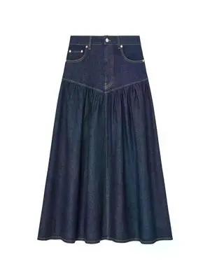 GANNI Gathered Denim Midi Skirt - Blue