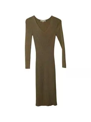 Michael Kors Ribbed V-neck Midi Dress - Gold