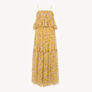 Chloé Thin-strap Long Dress In Mousseline - White - Yellow