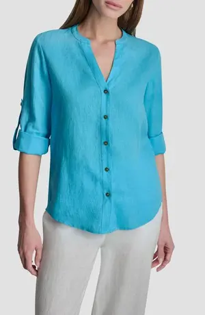 Dkny Linen Button-Up Shirt Pool Blue