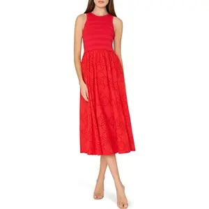 MILLY Ottoman & Geometric Eyelet Lace Midi Dress - Red