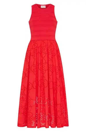 MILLY Ottoman & Geometric Eyelet Lace Midi Dress