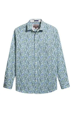 Johnston & Murphy Logan Print Button-up Shirt - Green/blue Brush Stroke