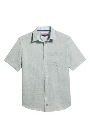 Johnston & Murphy Logan Microprint Short Sleeve Cotton Blend Button-up Shirt - Green Hashed Squares
