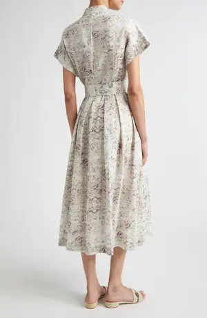 Eleventy Floral Linen Midi Shirtdress - Ivory/raspberry