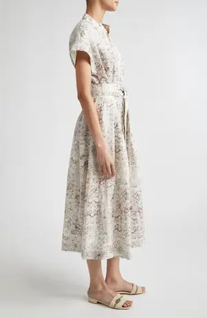 Eleventy Floral Linen Midi Shirtdress - Ivory/raspberry