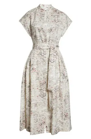 Eleventy Floral Linen Midi Shirtdress - Ivory/raspberry