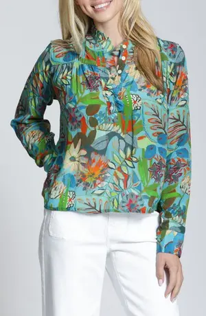 APNY Floral Ruffle Placket Top - Teal Blue Multi