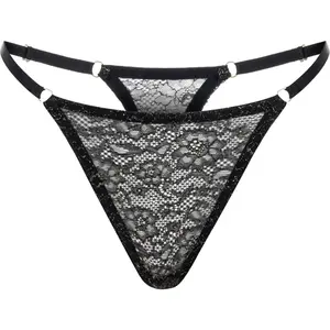MERS SILK Shiny Lace Thong With Adjustable Straps - Black