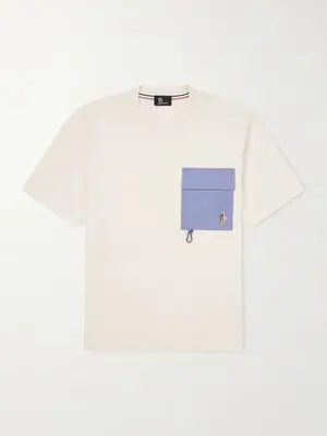 Moncler Logo-appliquéd Chambray-trimmed Stretch Cotton-jersey T-shirt - Neutrals