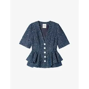 Sandro Sequin-embellished Peplum-hem Cotton Jacket - Navy Blue