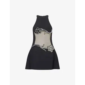 David Koma Metallic-flower Tulle-insert Woven Mini Dress - Black Silver