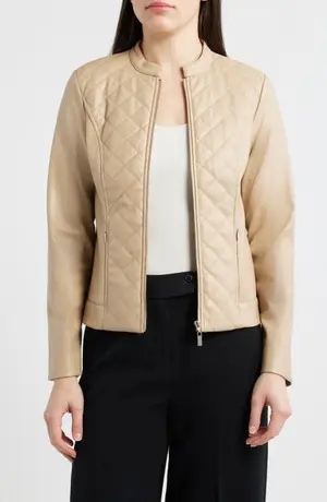 Anne Klein Quilted Faux Leather Moto Jacket - Latte