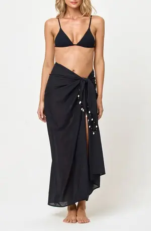 L*Space Mika Seashell Fringe Cotton Cover-up Sarong - Black