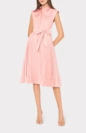 MILLY Johanna Pleat Twill Midi Shirtdress - Blush