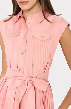MILLY Pleated Twill Midi Shirt Dress - Blush