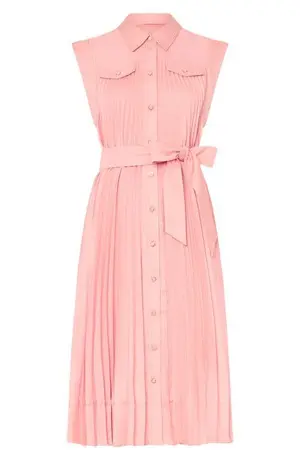 MILLY Pleated Twill Midi Shirt Dress - Blush