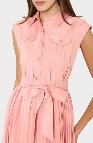 MILLY Pleated Twill Midi Shirt Dress - Blush