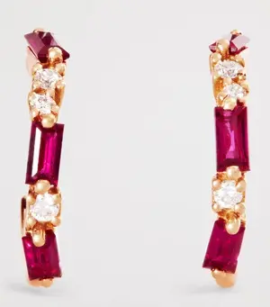SUZANNE KALAN Ruby And Diamond Thin Mix Hoop Earrings