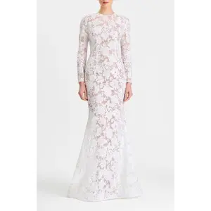 NADINE MERABI Sasha Embroidered Sequin Sheer Mesh Gown - White