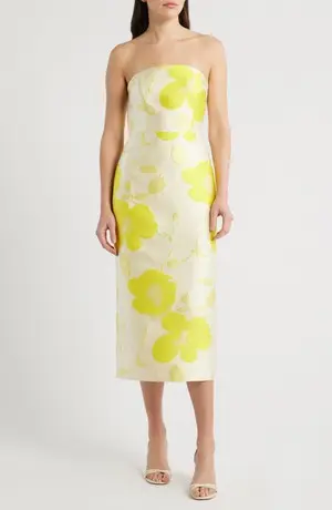Sam Edelman Floral Strapless Jacquard Midi Dress - Lemon
