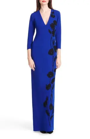 EMILY SHALANT Beaded Stretch Crepe Gown - Royal