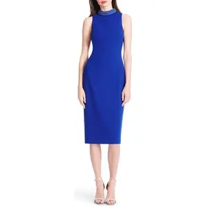 EMILY SHALANT Stretch Crepe Mock Neck Sheath Dress - Royal