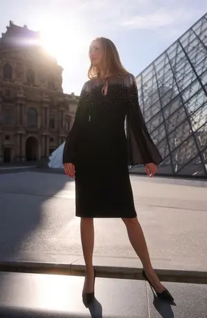 EMILY SHALANT Beaded Stretch Crepe Cocktail Dress