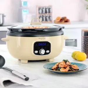 MEGACHEF 3.7 Quart Oval Electric Digital Slow Cooker In Cream With Black Pot
