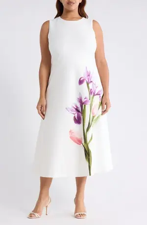Anne Klein Placement Print Sleeveless Midi Dress - White Dove Multi